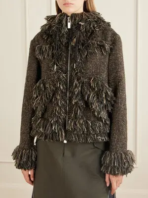 Sacai Wool-blend Tweed Zip-up Jacket With Frayed Edges