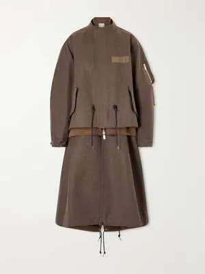 Sacai Shell-trimmed Wool-flannel Coat - Brown