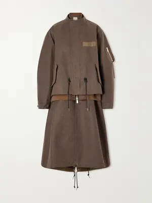 Sacai Shell-trimmed Wool-flannel Coat - Brown