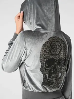 Philipp Plein Velour Bomber Jacket With Embellished Skull - Grey