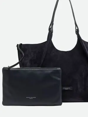 GIANNI CHIARINI Suede Calfskin Leather Shoulder Bag With Double Handle - Black 1