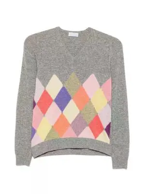 BALLANTYNE 2000s Argyle V-neck Sweater - Grey