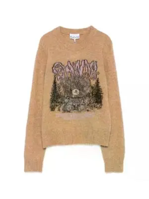 GANNI Graphic Intarsia Crew Neck Sweater - Neutrals