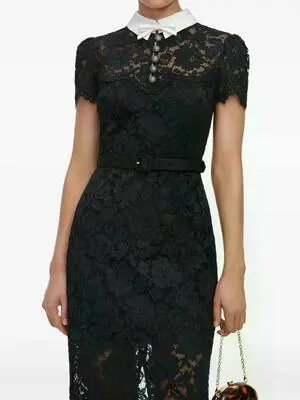 SELF-PORTRAIT Lace Contrast Collar Midi Dress - Black
