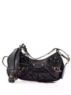 Balenciaga Le Cagole Giant Studs Shoulder Bag Crocodile Embossed Leather Xs Hobo Bag - Black
