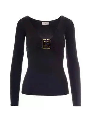 Elisabetta Franchi Jersey Top With Gold Logo Detail - Black