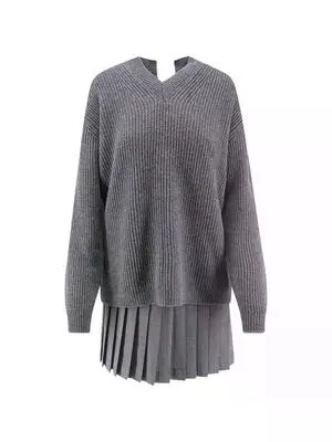 SEMICOUTURE Ribbed Knit V-neck Mini Dress With Pleated Skirt And Buckle Fastening