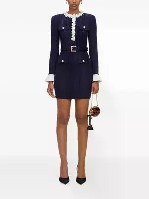 SELF-PORTRAIT Navy Flower Rib Knit Mini Dress - Blue