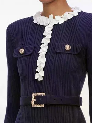 SELF-PORTRAIT Navy Flower Rib Knit Mini Dress