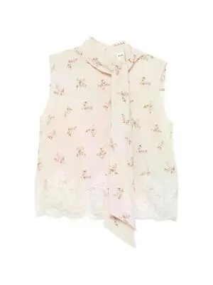 P.a.r.o.s.h Sleeveless Floral Print Lace Trim Blouse - Neutrals