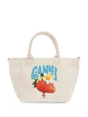 GANNI Strawberry-print Logo-embroidered Tote Bag - Neutrals