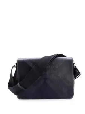Burberry Full Flap Messenger Bag Check Embossed Leather Medium Crossbody Bag - Black