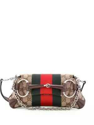 Gucci Horsebit Nm Web Chain Clutch Gg Canvas Small Shoulder Bag - Brown