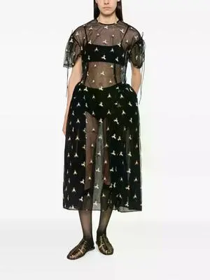 Simone Rocha Floral-embroidered Puff-sleeve Dress - Black