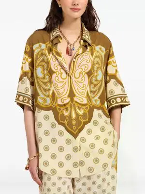 La DoubleJ Cocoon Placed Brown Viscose Voile Club Shirt - Green