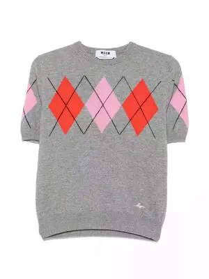 MSGM Argyle Pattern Short Sleeve T-shirt - Grey
