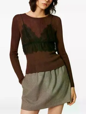 TWINSET Silk-blend Ribbed Knit Jumper With Lace Trim - Brown