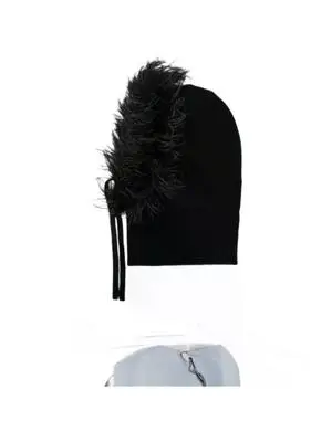 P.a.r.o.s.h Lestat Feather-trim Knitted Beanie Hat - Black
