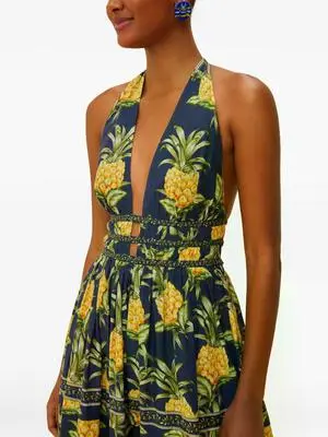 Farm Rio Pineapple-print Halterneck Mini Dress