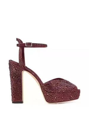 JIMMY CHOO Sacaria Platform 120 Deep Merlot Satin Platform Sandals With Dégradé Crystals - Red