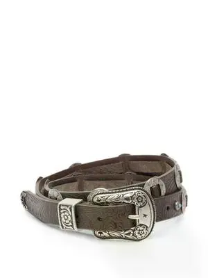GOLDEN GOOSE Lace Belt In Washed Leather With Floral Pattern And Metallic Inlays - Brown