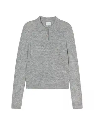 Closed Ribbed-knit Long-sleeve Polo Shirt - Grey