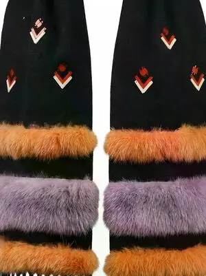 Valentino Garavani Geometric-pattern Faux-fur-trim Scarf - Black