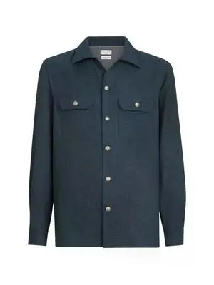 Brunello Cucinelli Virgin-wool Flannel Overshirt With Spread-collar And Chest-pockets - Blue