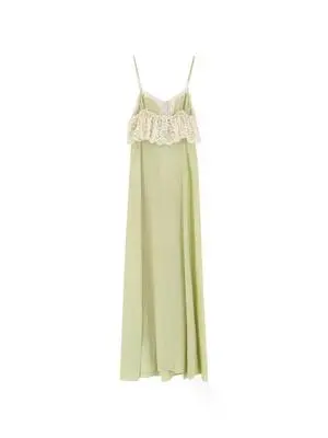 Chloé Thin-strap Long Dress In Crêpe De Chine & Lace - Green