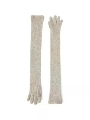 Brunello Cucinelli Long Lace Flowers Knit Gloves In Sparkling Mohair And Virgin Wool - Neutrals