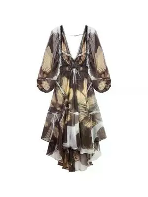 MES DEMOISELLES Lace-trimmed Butterfly-print Long Dress - Brown