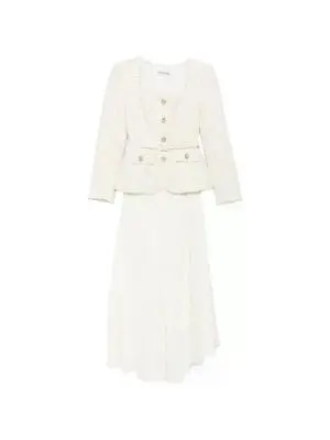 SELF-PORTRAIT Bouclé-knit Pleated Midi Dress - Neutrals