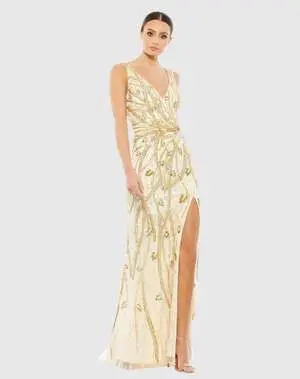 Mac Duggal Embellished Sleeveless V-neck Gown With Thigh-high Slit
