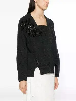 ERMANNO FIRENZE Beaded Embellished V-neck Sweater