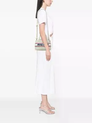 Miu Miu 2010-2026 Cotton Trimmed Embroidered Canvas Logo Convertible Tote Satchel - White