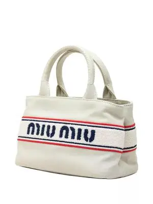 Miu Miu Cotton Trimmed Embroidered Canvas Convertible Tote Satchel - White