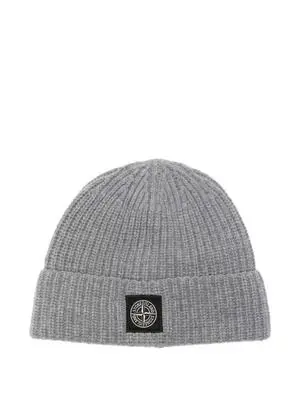 Stone Island Logo Patch Ribbed Knit Beanie Hat - Grey