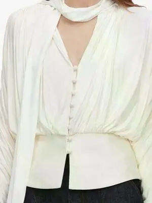 SELF-PORTRAIT Cream Tie-neck Jersey Top With Pussy Bow Detail - White