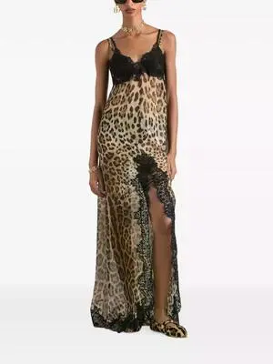 Dolce & Gabbana Leopard Print Chiffon Maxi Slip Dress With Lace Embellishments