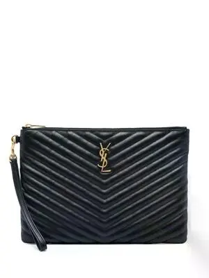 Saint Laurent 2023 Chevron Calfskin Monogram Tablet Pouch Clutch Bag - Black