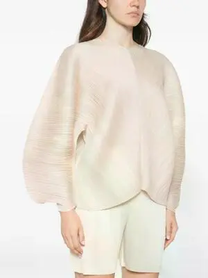 Issey Miyake Pleated Balloon Sleeve V-neck Blouse - Neutrals