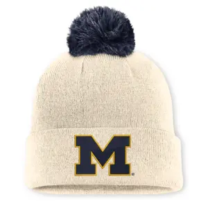 JORDAN Michigan Campus Prep Script Brand College Cuffed Pom Beanie - Brown