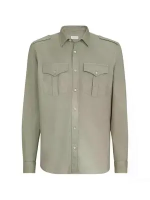 Brunello Cucinelli Garment-dyed Shirt In Cotton Chevron With Spread Collar, Epaulettes And Chest Pockets - Green