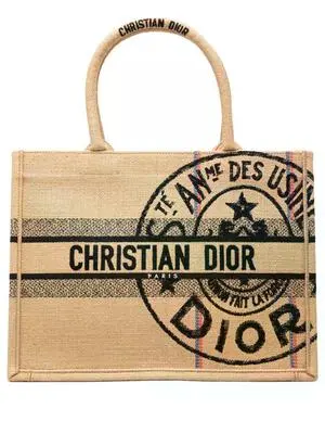 Dior 2022 Medium Jute Embroidered Book Tote Bag - Neutrals