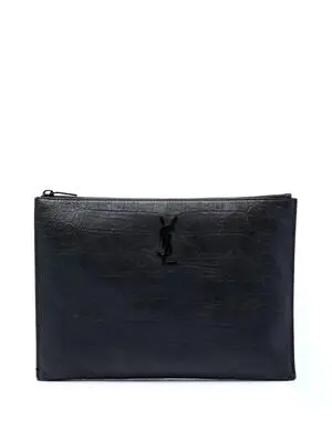 Saint Laurent 2021 Croc Embossed Leather Monogram Document Holder Clutch Bag - Black