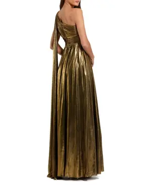 Mac Duggal One Shoulder Metallic Stretch Gown With Draped Sash And Slit