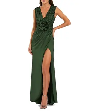 Mac Duggal Charmeuse Plunge Neck Gown With 3d Flower - Pear