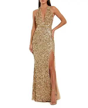 Mac Duggal Sequined Halter Thigh-high Slit Gown