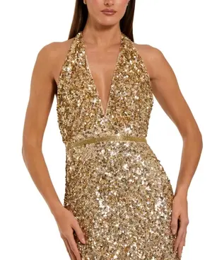 Mac Duggal Sequined Halter Thigh-high Slit Gown