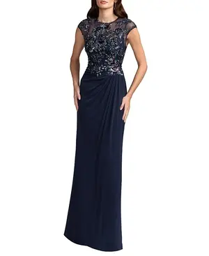 Mac Duggal Embroidered Cap Sleeve Jersey Gown - Midnight Multi